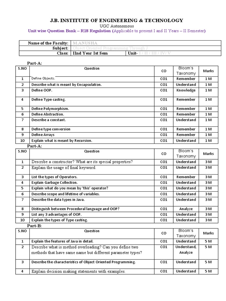 OOP Through Java Question Bank | PDF | Method (Computer Programming) | Inheritance (Object ...