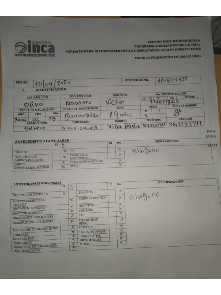 Historia Clinica, Control de Placa y Odontograma | PDF