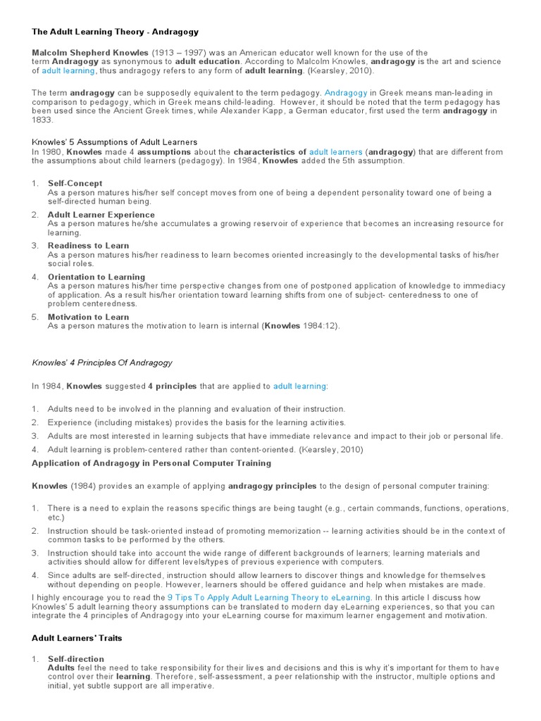 The Adult Learning Theory | PDF | Adult Education | Learning