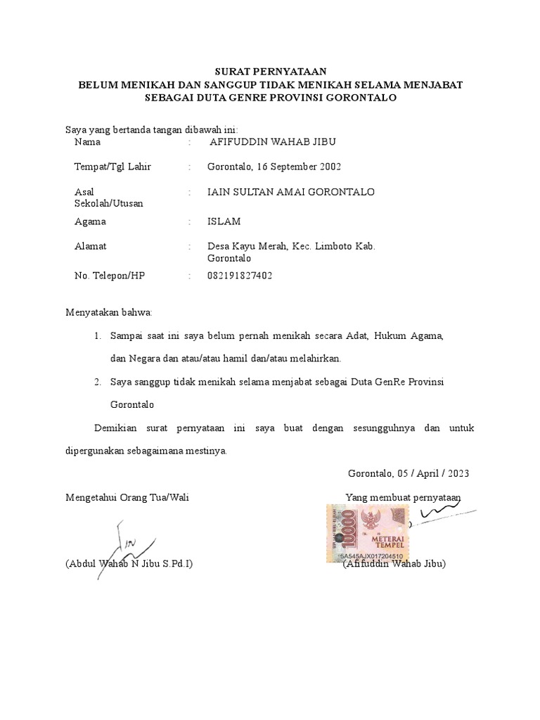 Surat Pernyataan Sanggup Tidak Menikah | PDF
