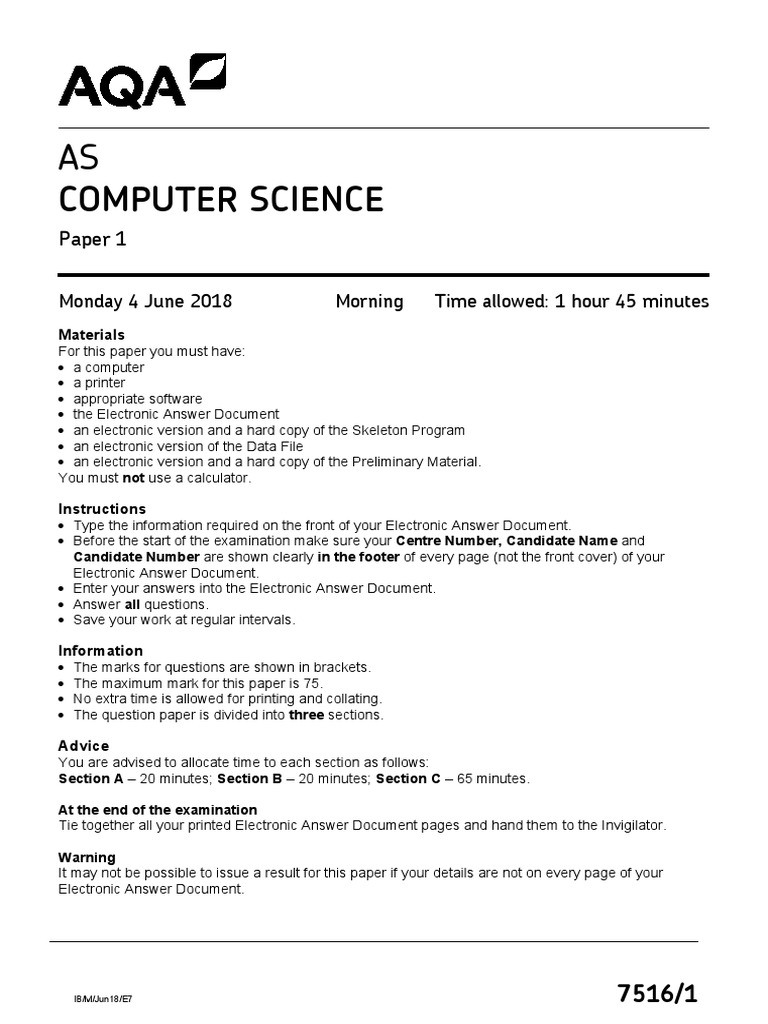 June 2018 QP - Paper 1 AQA Computer Science As-Level | PDF