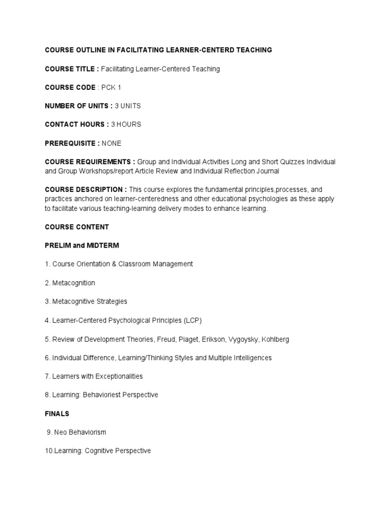 Course Outline in Facilitating Learner | PDF
