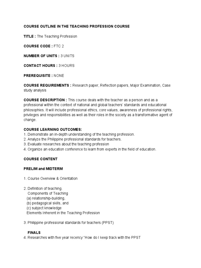 Course Outline in The Teaching Profession Course | PDF | Profession ...