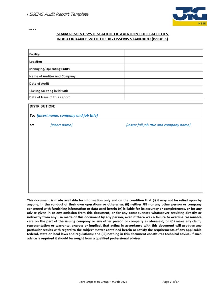 JIG-HSSEMS-AuditReportTemplate-Issue3_v1.1 | PDF | Occupational Safety ...