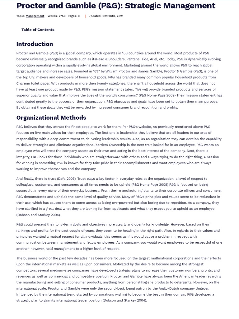 Procter and Gamble (P&G) - Strategic Management - Free Essay Example ...