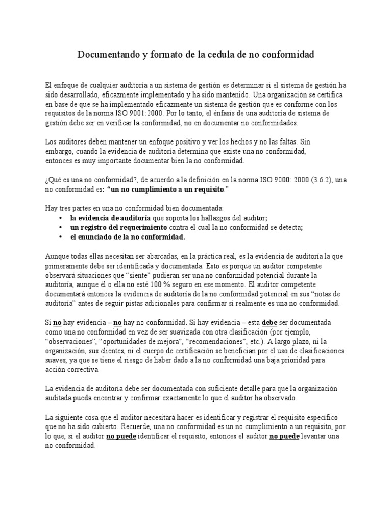 CEDULA DE NO CONFORMIDAD | PDF | Auditoría | Iso 9000