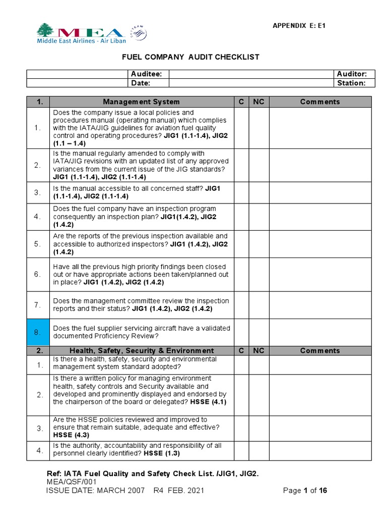 E1 - Fuel Checklist | PDF | Audit | Risk