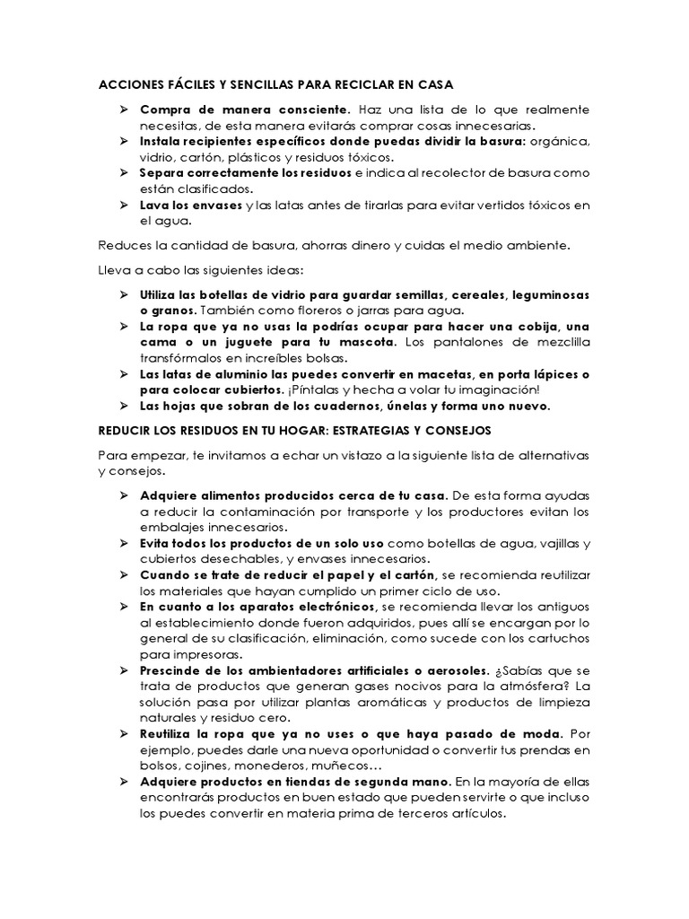 Acciones Fáciles y Sencillas para Reciclar en Casa | PDF | Residuos ...