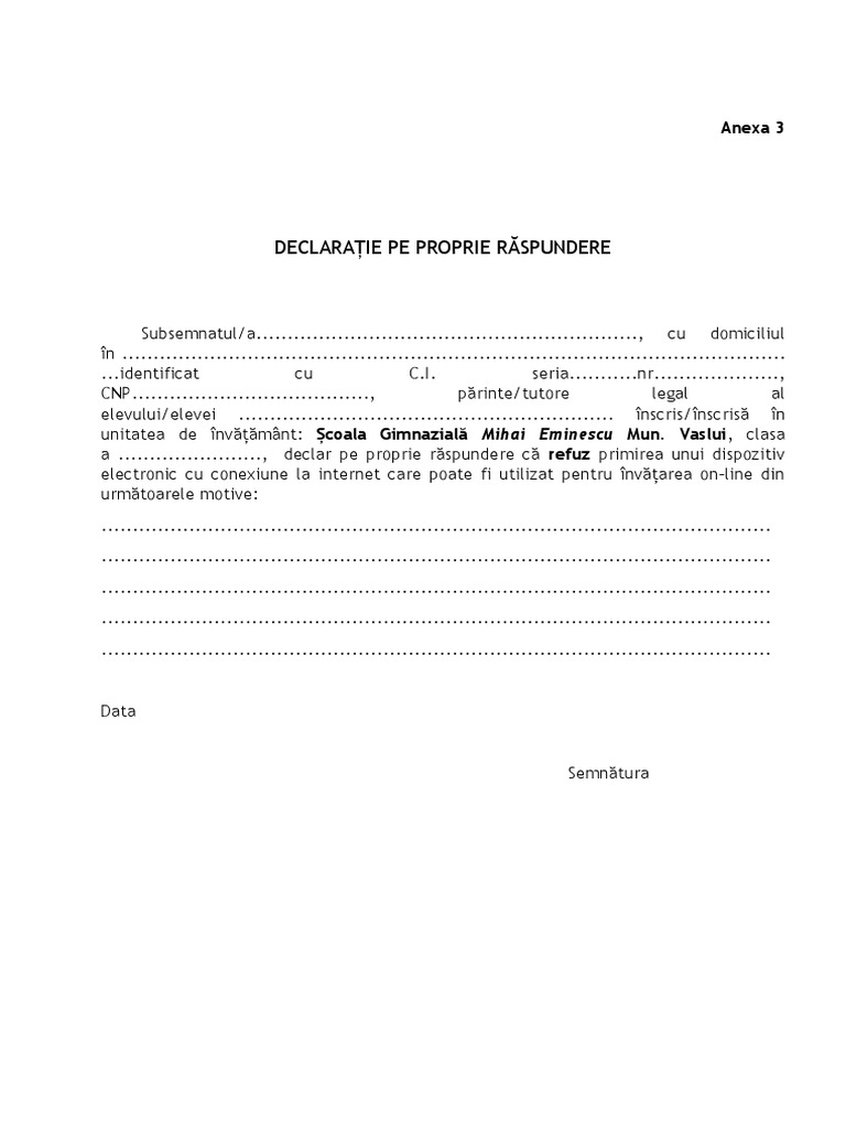 DECLARATIE PE PROPRIA RASPUNDERE Refuz Tablete | PDF