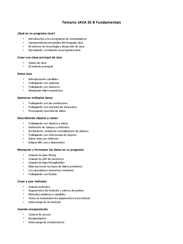 Temario Java Se 8 Fundamentals v.1.0 | PDF | Java (lenguaje de programación) | Objeto (informática)