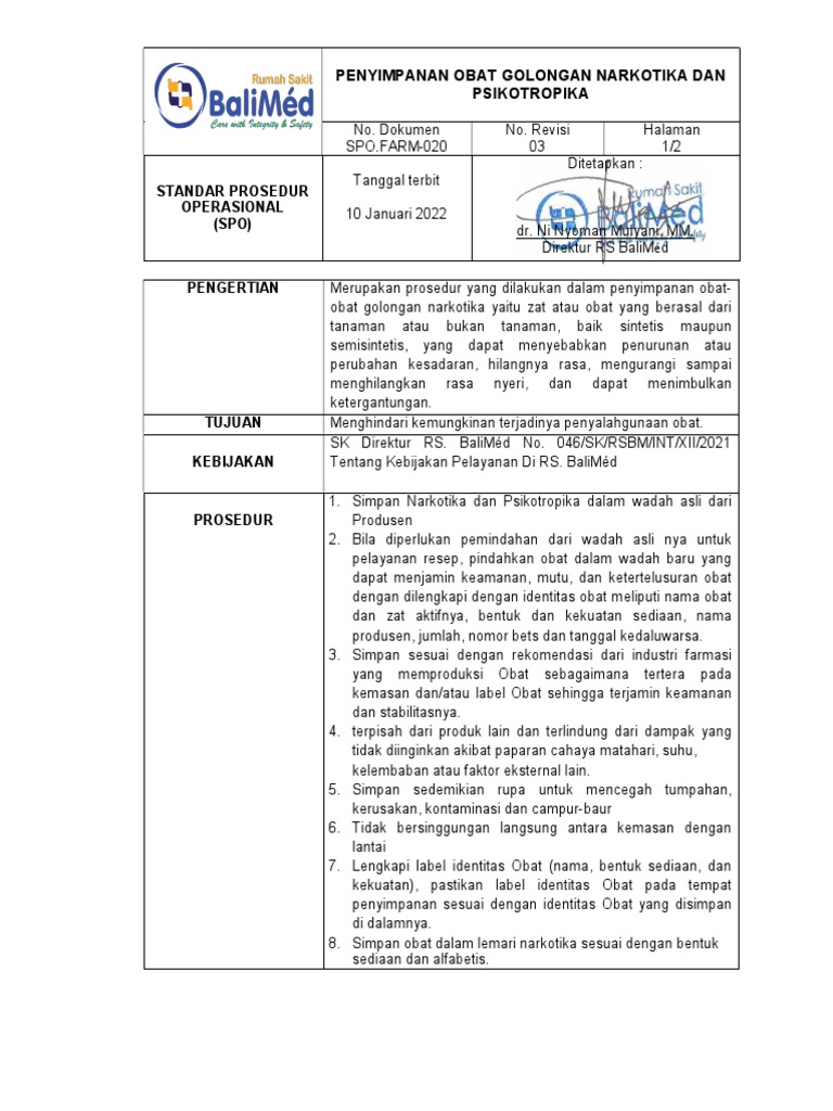 SPO Penyimpanan Obat Golongan Narkotika Dan Psikotropika | PDF SPO Penyimpanan Obat Golongan Narkotika Dan Psikotropika | PDF