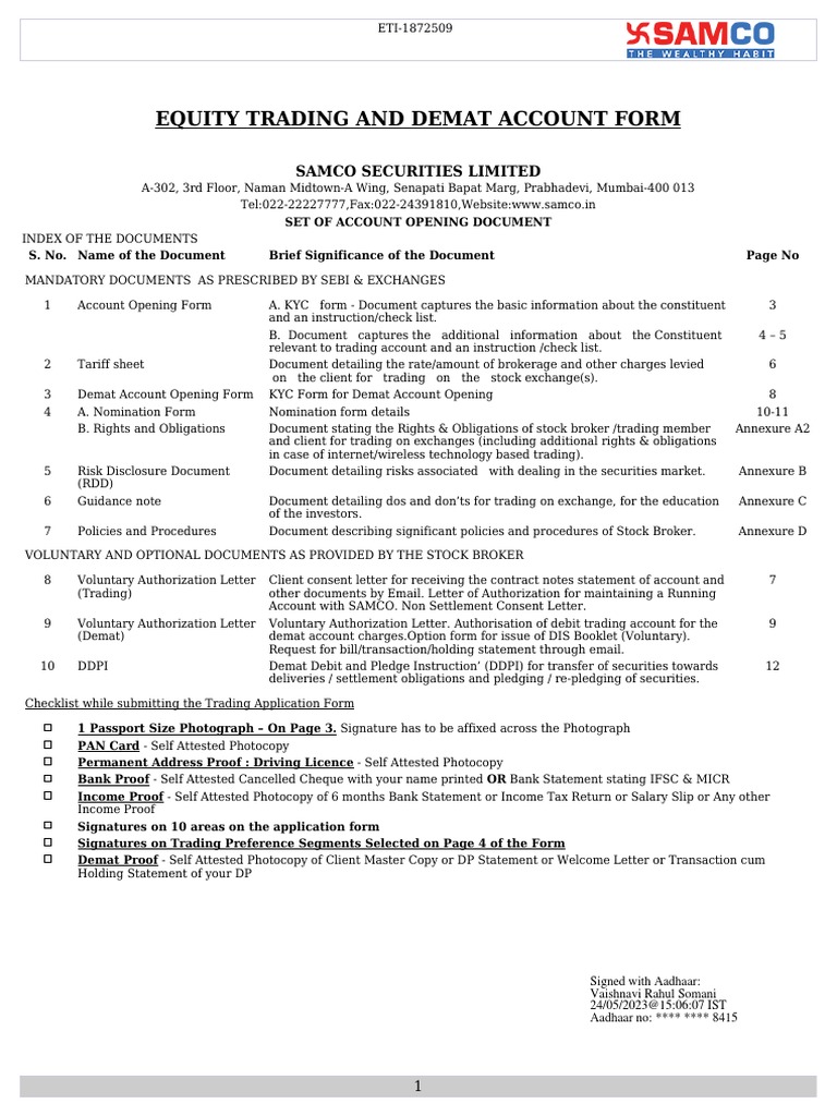 Equity Trading and Demat Account Form: Samco Securities Limited | PDF