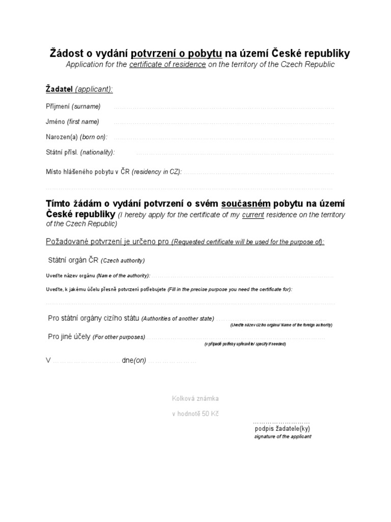 Formular Pro Zadost o Vydani Potvrzeni o Soucasnem Pobytu - 20201113 | PDF