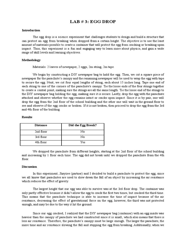 Lab Report 3.egg Drop | PDF | Parachute | Gravity