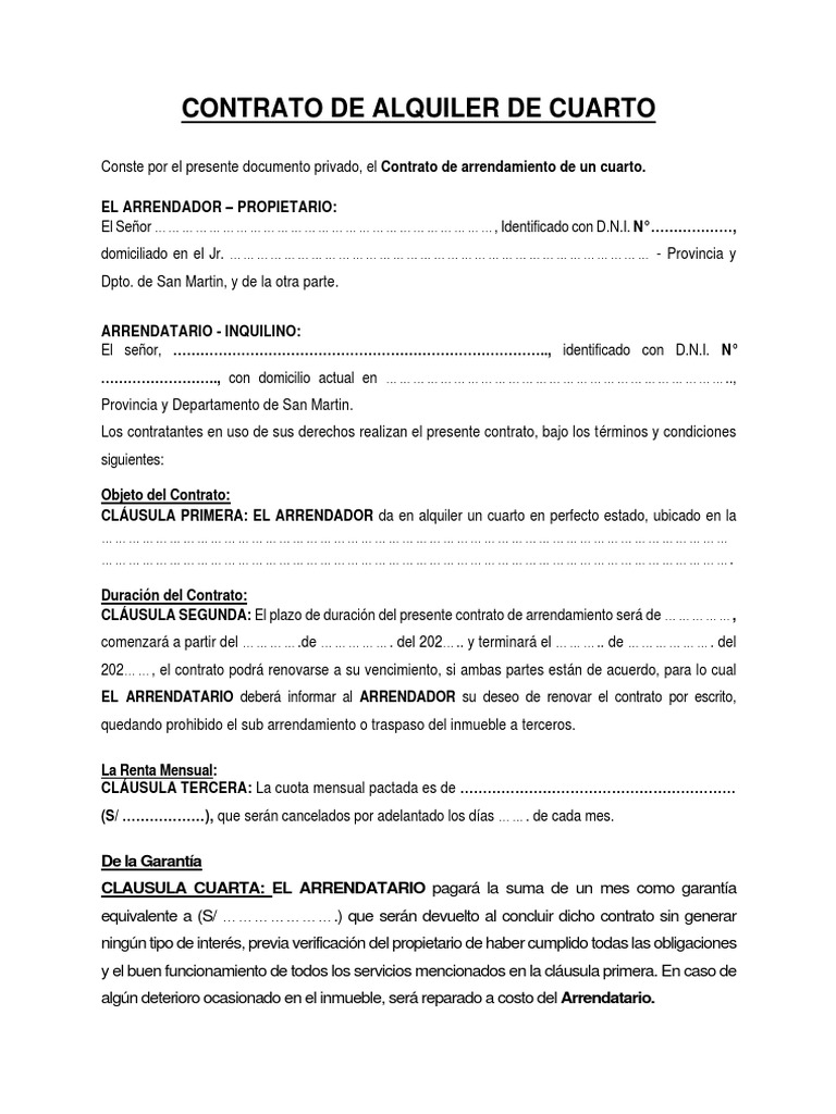 Contrato de Alquiler de Cuarto Modelo | PDF