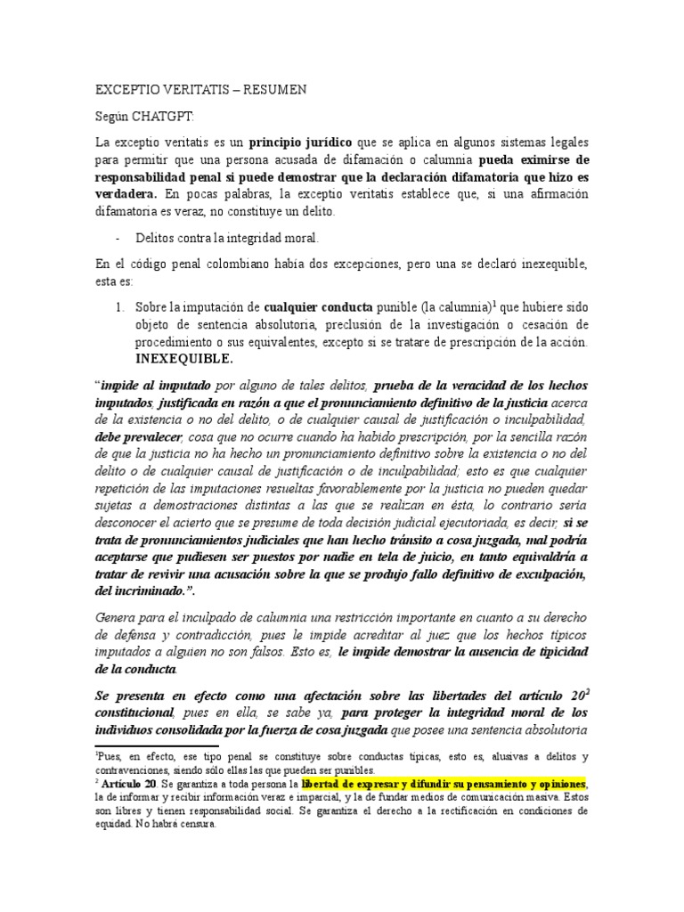 Exceptio Veritatis Colombia | PDF | Derecho penal | Debido al proceso