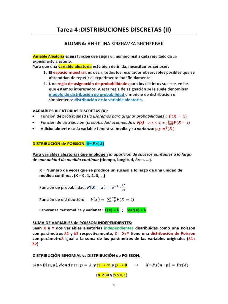 Tarea 4 Distribuciones Discretas II - Poisson - ANHELINA SPIZHAVKA | Descargar gratis PDF ...