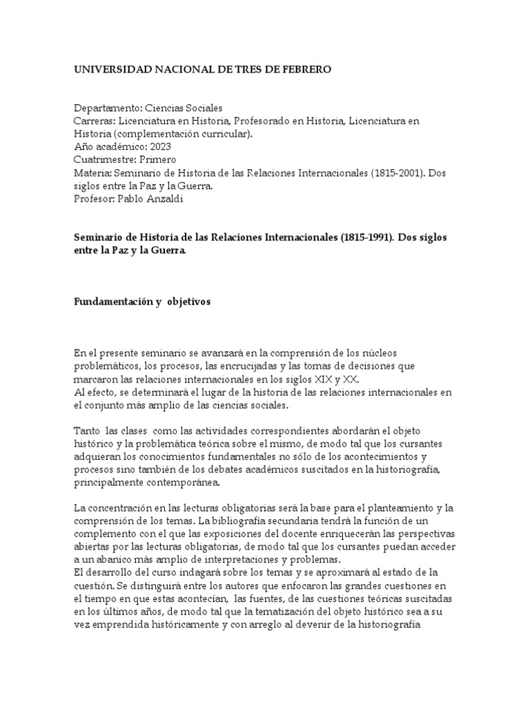 Historia de Las Relaciones Internacionales - Untref-Caseros | PDF | Historiografía