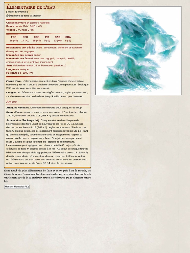 Élémentaire de L'eau - Monstre Stat Block Donjons & Dragons - D&D 5e | PDF