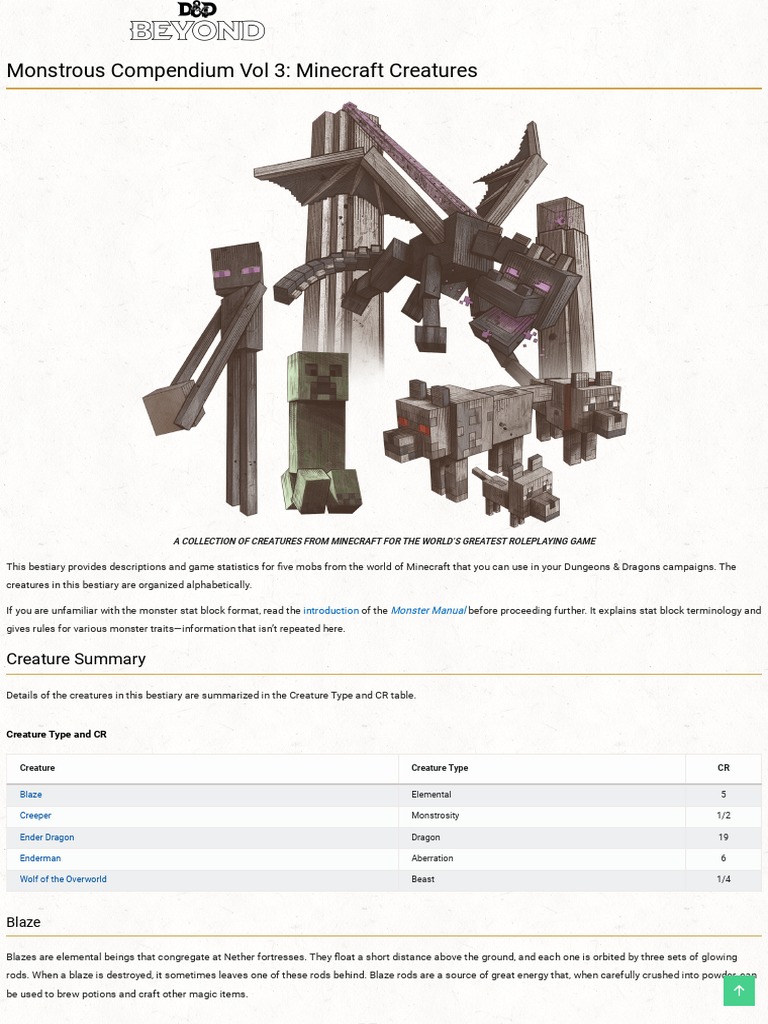 Minecraft Creatures - Monstrous Compendium Volume Three - Sources - D&D Beyond | PDF | Minecraft ...