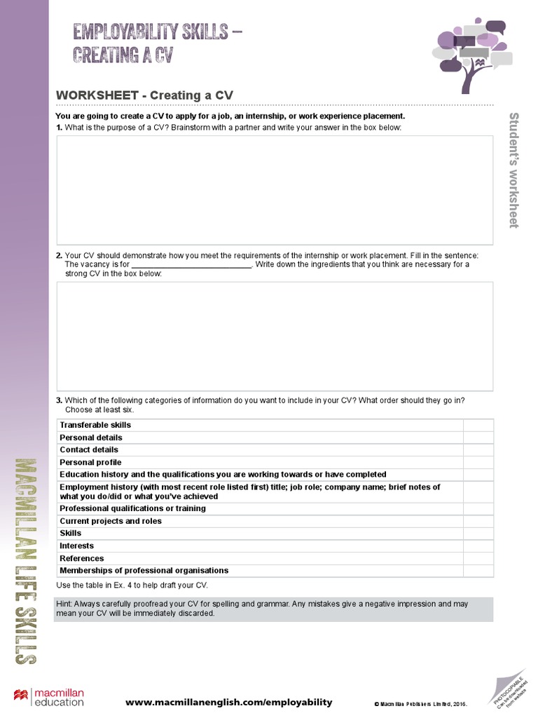 Creating A CV Student Worksheetb1 | PDF | Internship | Job Hunting