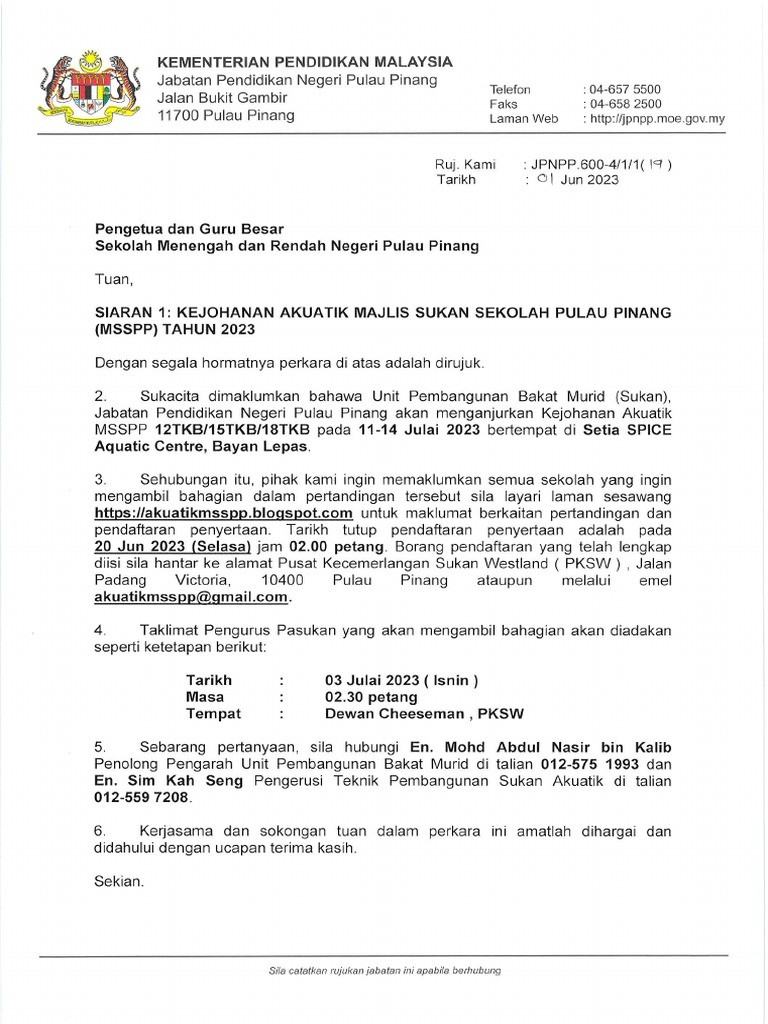 SIARAN 1 KEJOHANAN AKUATIK MSSPP TAHUN 2023 | PDF