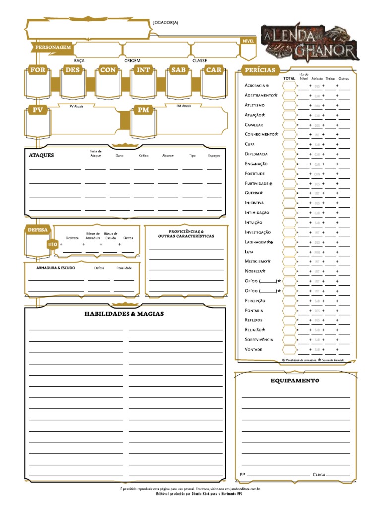 Ficha A Lenda de Ghanor Editavel | PDF