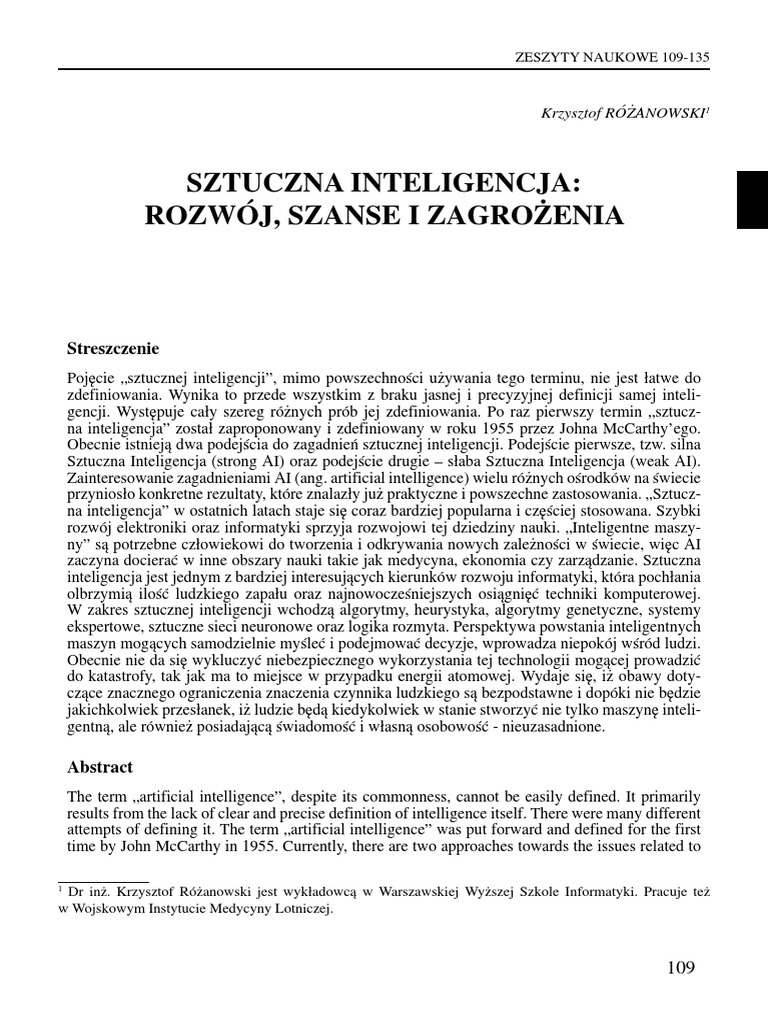 Sztuczna Inteligencja Rozwoj Szanse I Zagrozenia | PDF Sztuczna Inteligencja Rozwoj Szanse I Zagrozenia | PDF
