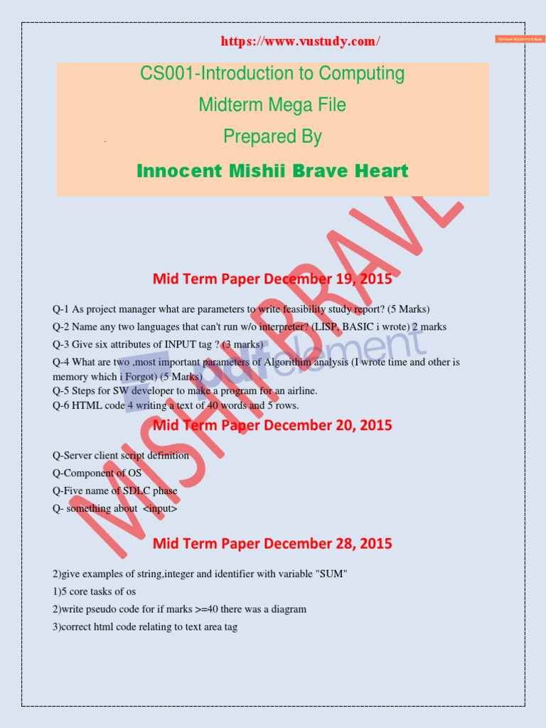 Cs101 Midterm Solved Mcqs Subjective With Reference Mishll | PDF | Java Script | Computer Program