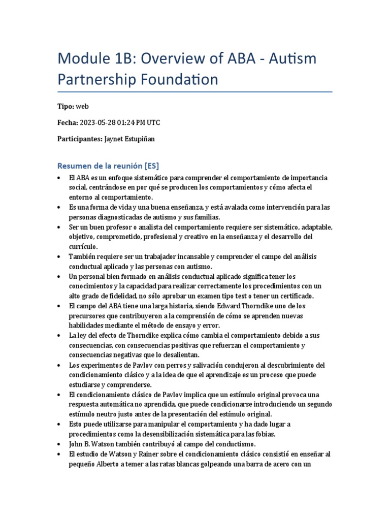 Module 1B - Overview of ABA - Autism Partnership Foundation - Mayo 28, 2023 9 - 24am | PDF ...