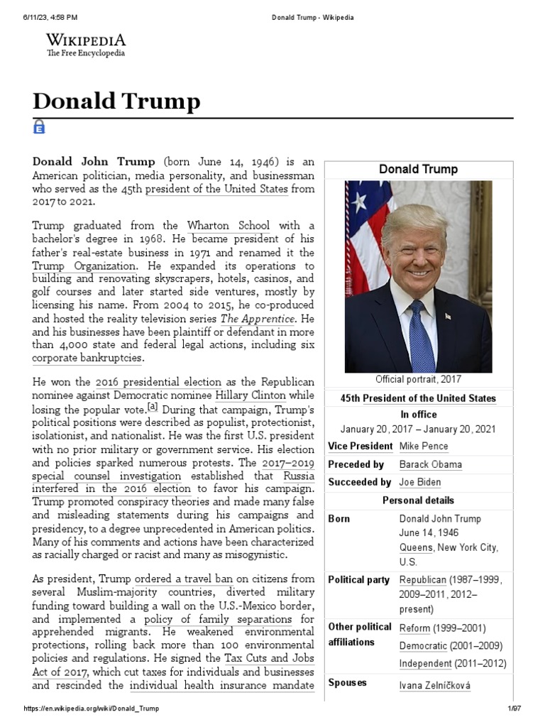 Donald Trump: 45th US President Overview | PDF | Donald Trump ...