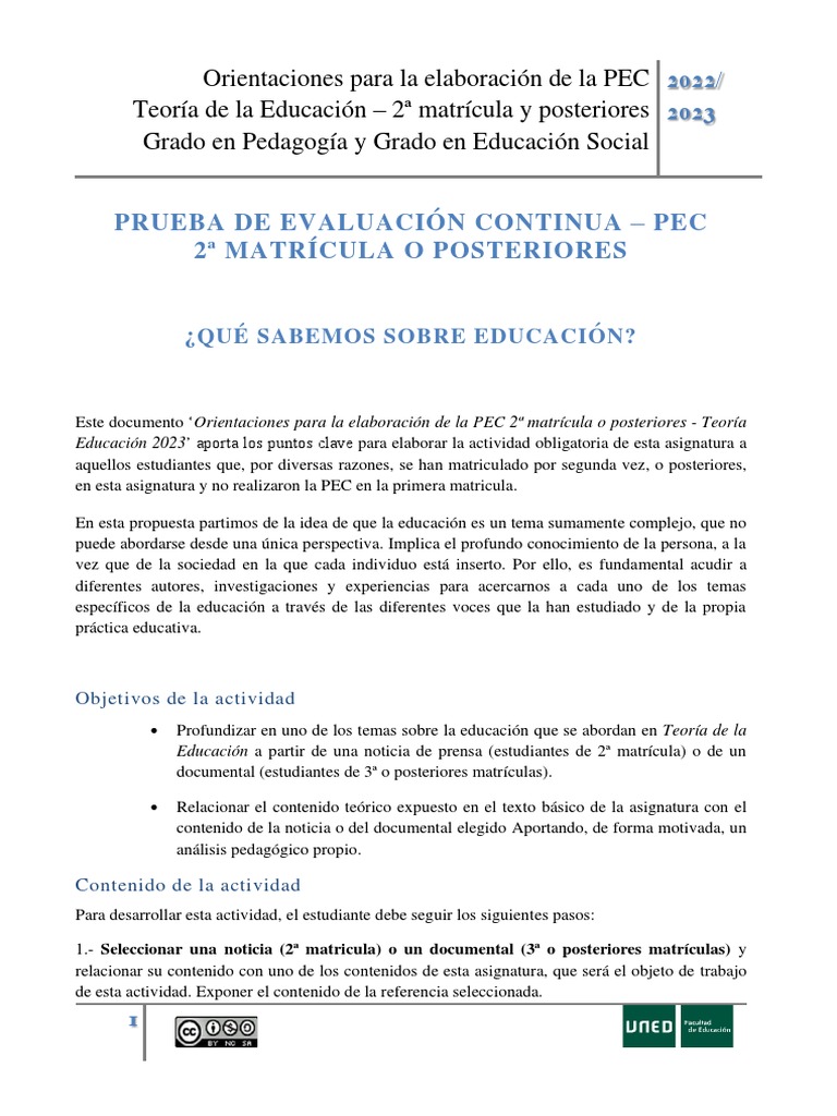 Orientaciones - PEC - +2matriculayposteriores - Teoria Educaciขn 2023 | PDF | Evaluación | Cognición
