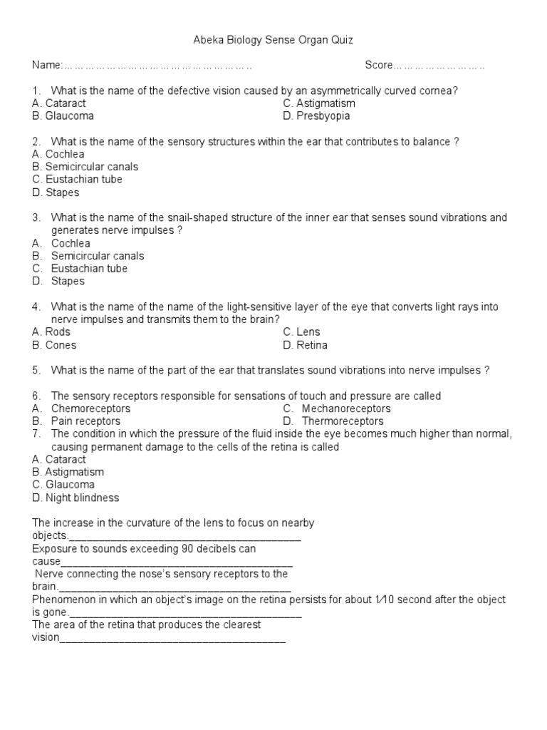 Biology Quiz on Sense Organs | PDF
