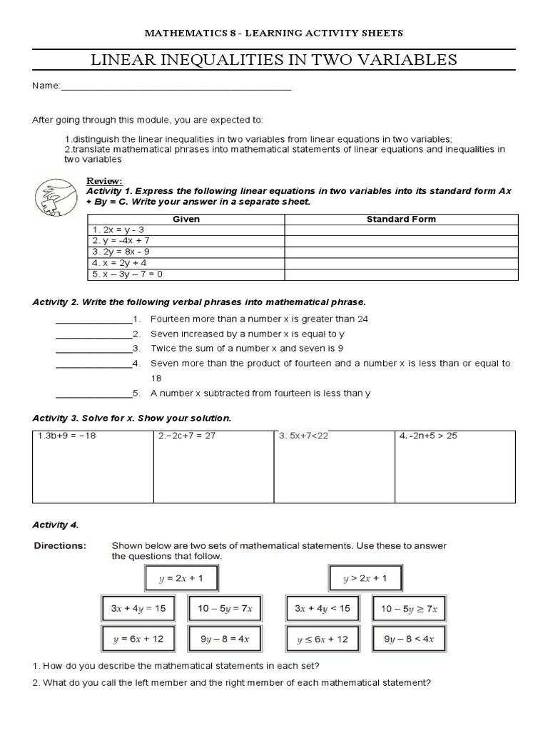 Math Las - q2-w1 | Download Free PDF | Equations | Inequality (Mathematics)