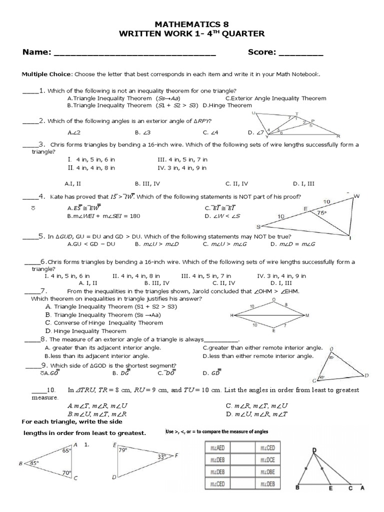 Mathematics 8 Written Work 1-4 Quarter Name: - Score | PDF | Triangle | Euclidean Plane Geometry