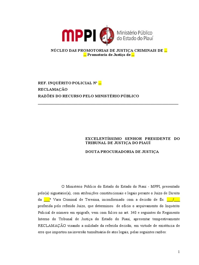 Modelo. Reclamao Contra Arquivamento Judicial de Ip Sem Pedido Do MP Sinobilino Pinheiro Da ...