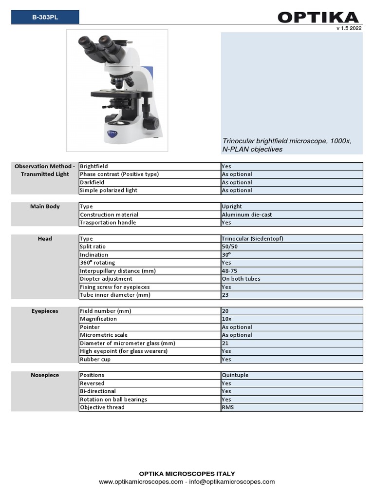 OPTIKA B-383PL Technical Datasheet EN | Download Free PDF | Natural ...