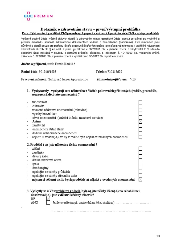 Dotazník o Zdravotním Stavu Vstupní Lékařská Prohlídka | PDF