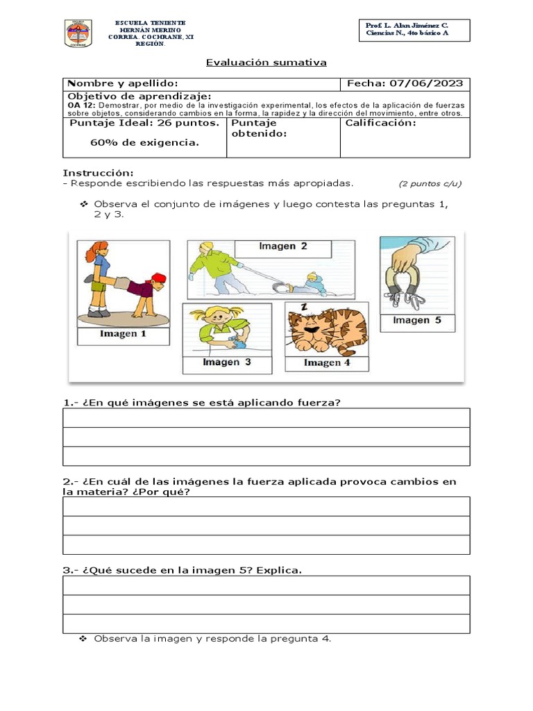 Hojas De Trabajo Sobre Fuerza Y Movimiento Para Cuarto Grado