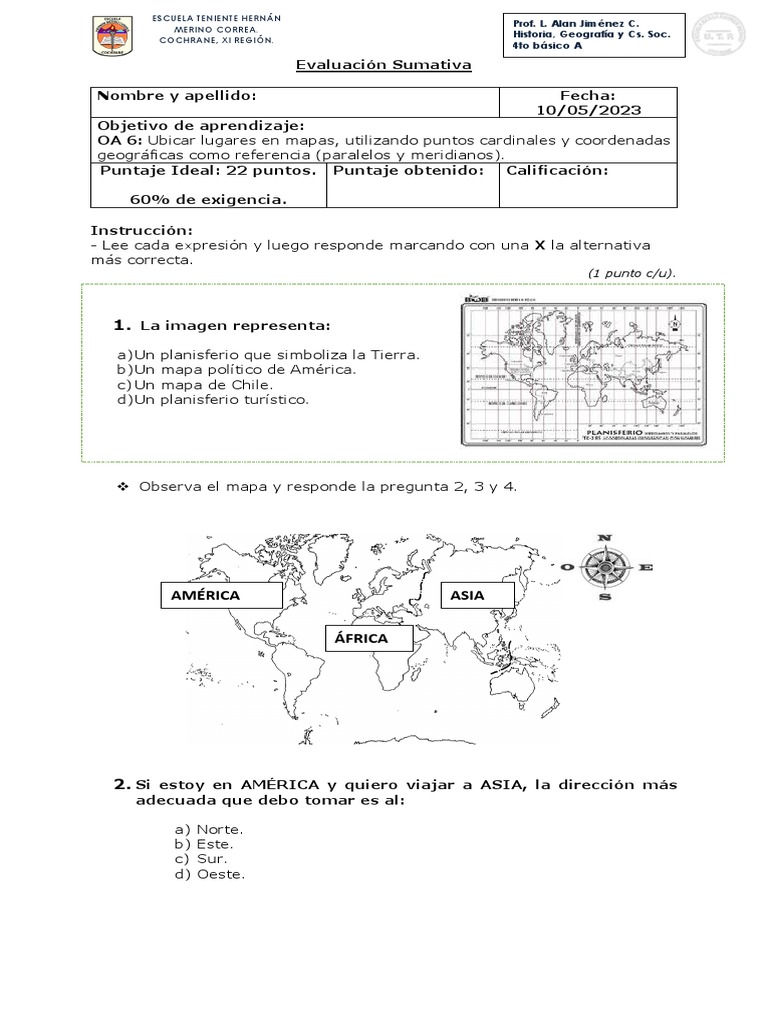(Historia) - Evaluación Mapas y Puntos Cardinales (4°A) | PDF | océano ...