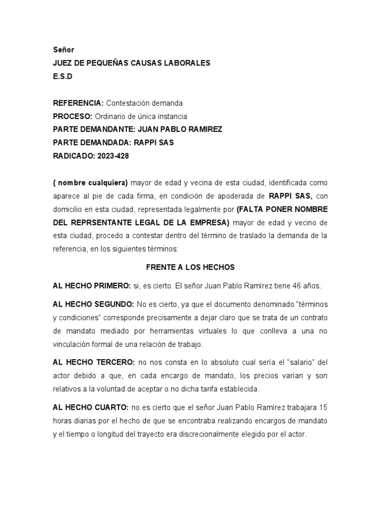 Contestacion Demanda Juan Pablo Ramirez | PDF | Demanda judicial | Justicia Contestacion Demanda Juan Pablo Ramirez | PDF | Demanda judicial | Justicia