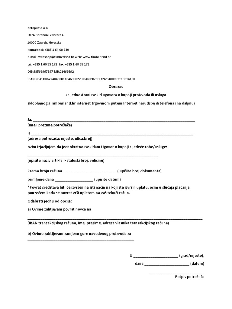 Timberland Obrazac Za Povrat I Zamjenu | PDF