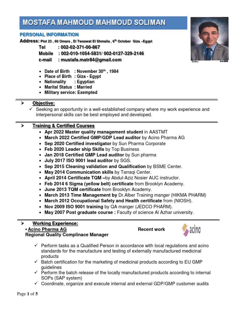 Pharma Quality Compliance Resume | PDF | Verification And Validation ...