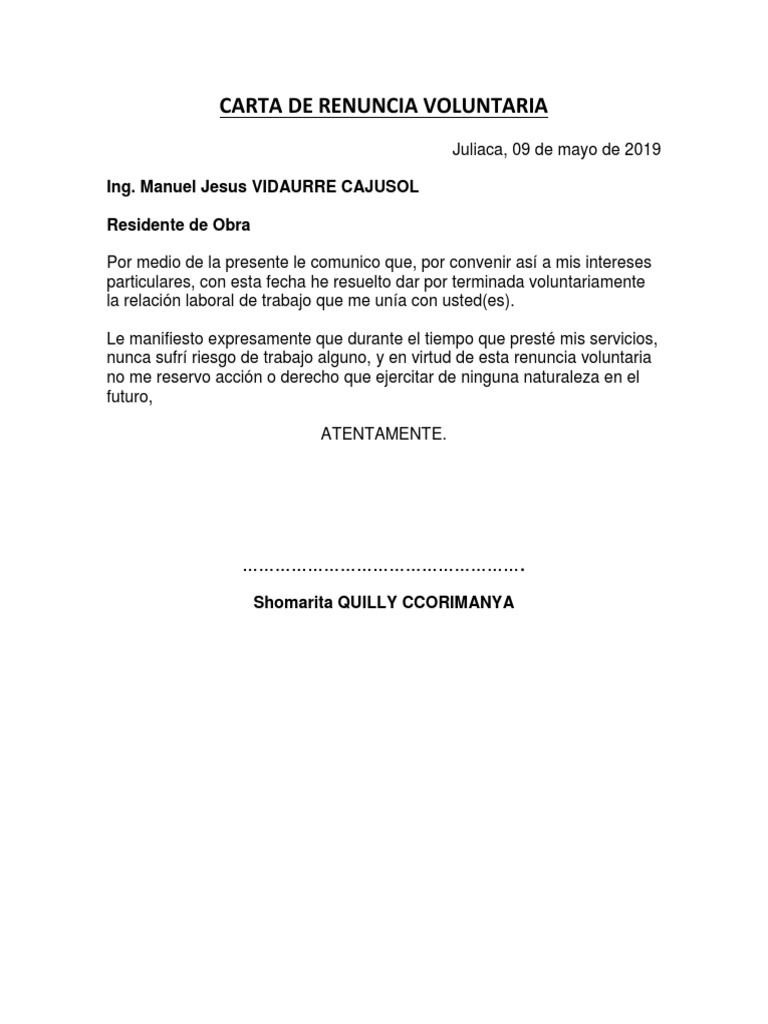 Carta de Renuncia Voluntaria | PDF