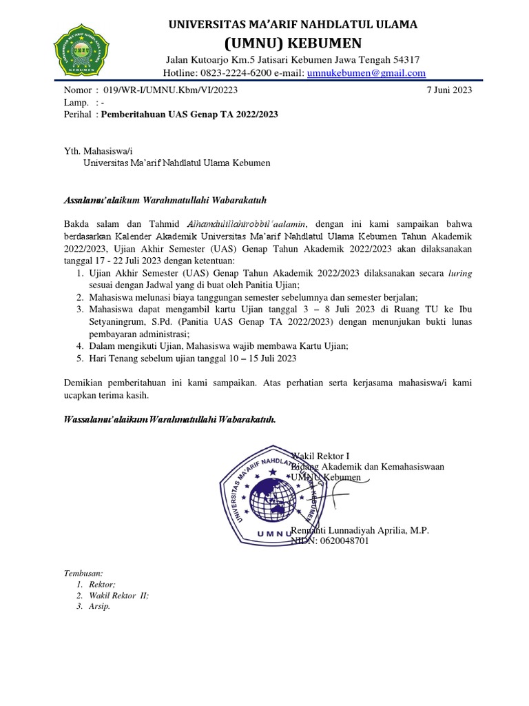 Surat Pemberitahuan Uas Genap Mahasiswa | PDF | Sains & Matematika