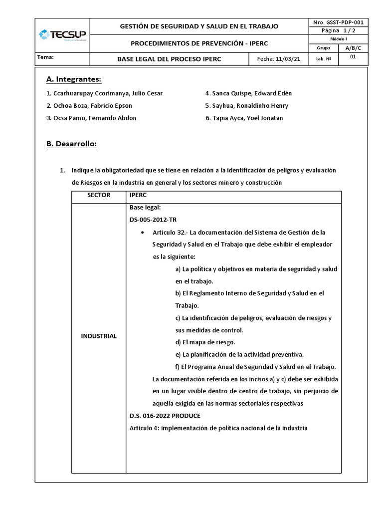 Base Legal del Proceso IPERC en SST | PDF