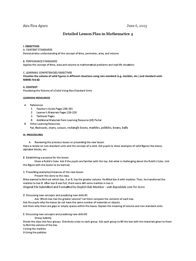 Lesson Plan - Visualize The Volume Using Standard and Non Standard ...