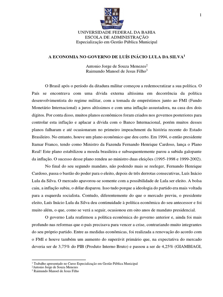 Ensaio Crítico Antonio Jorge de Souza Menezes | PDF | Luiz Inácio Lula da Silva | Economia