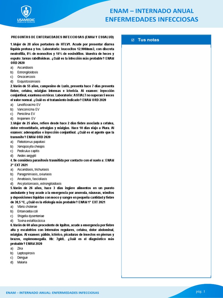 BANQUEO DE INFECCIOSAS ENAM-INTERNADO ANUAL USAMEDIC Print | PDF