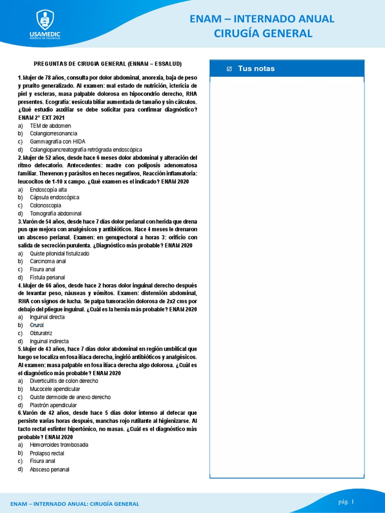 BANQUEO DE CIRUGIA GENERAL ENAM-INTERNADO ANUAL USAMEDIC Print | PDF | Cáncer colonrectal ...